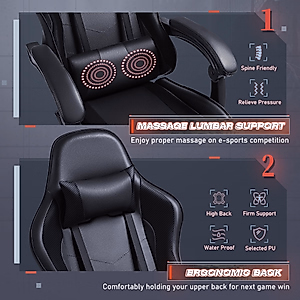 Furmax Gaming Chair, Video Game Chair with Footrest and Massage Lumbar Support, Swivel Seat Height Adjustable Computer Chair with Headrest, Racing E-Sport Gamer Chair (Black)