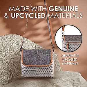 SIXTEASE Crossbody Bag for Women Vintage Style Genuine Leather, Upcycled Canvas, Rug, or Hair On - Cross Body Womens Bags with Inside Zipper Pockets - Triangular Fusion