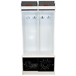 Little Partners Learn 'N Store Deluxe Cubby with Storage Bins - Childrens Classic Design Furniture, 2 Section Coat Locker with 8 Hanging Hooks, Bench and Storage (Soft White)