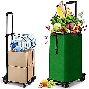 SELORSS 2-in-1 Foldable Hand Truck Utility Cart, Portable Grocery Shopping Cart with Wheels, Telescoping Handle and Removable Waterproof Bag, Collapsible Lightweight Large Capacity for Groceries
