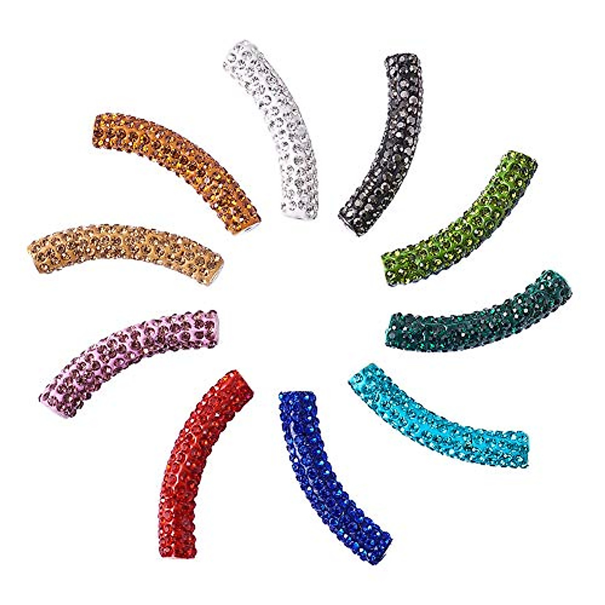 Craftdady 10pcs Mixed Colors Rhinestone Curved Noodle Tube Beads 45-46.5mm Large Hole Long Tube Metal Spacer Beads for Jewelry Making Hole: 4mm