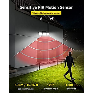 LE Solar Lights for Outside, Motion Activated Security Lights, WL4000 High Brightness, 3 Adjustable Heads 270° Wide Lighting Angle, IP65 Waterproof, Wireless Wall Lamp for Porch Yard Garage