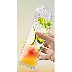 Milk Carton Water Bottle 17oz (500mL) Plastic Clear Square Milk Bottles No BPA Leakproof Water Bottle Portable Reusable Milk Carton Shaped Juice Bottle Perfect for Fitness Gym Camping Sports