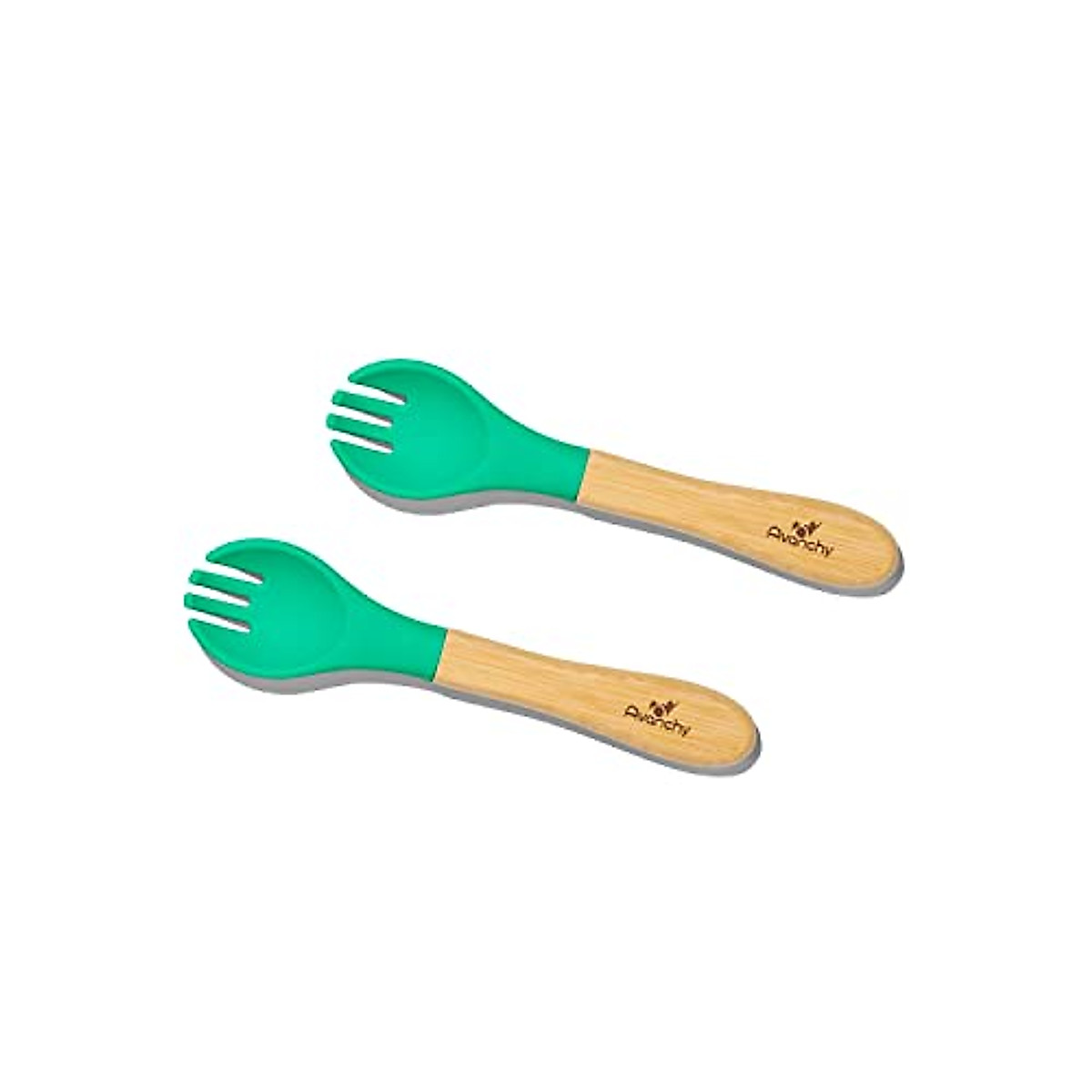 Avanchy Baby Fork Set, Bamboo and Silicone Spork Utensils, Toddler Baby Led Weaning Silverware Cutlery Flatware, Kids First Self Feeding, 2 Pack, Green