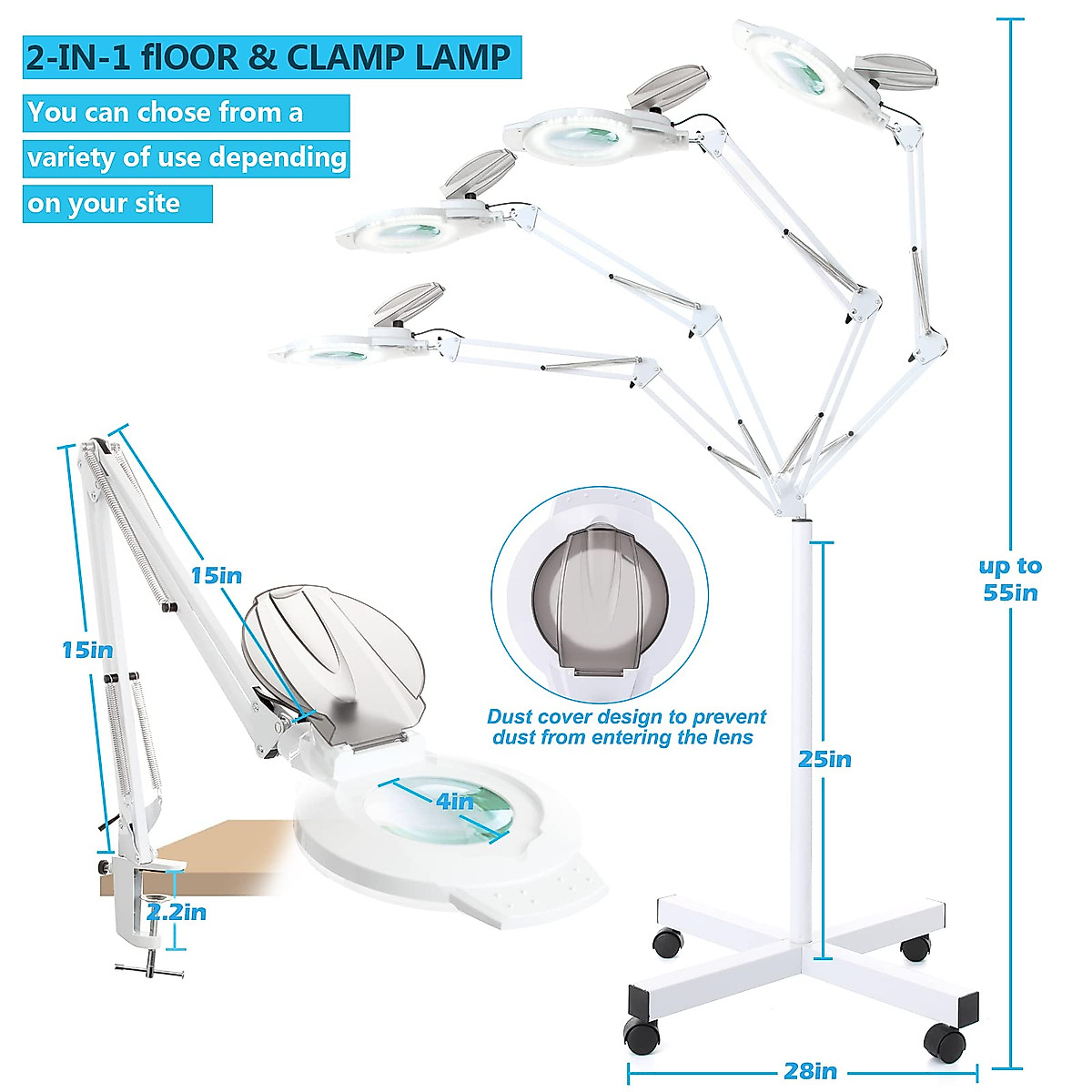 KIRKAS 5X Magniyfing Floor Lamp with 4 Wheel Rolling Base 2,200 Lumens Super Bright Glass Lens LED Magnifier, Adjustable Stand & Swivel Arm Floor Lamp for Estheticians, Reading, Crafts, Tasks- White