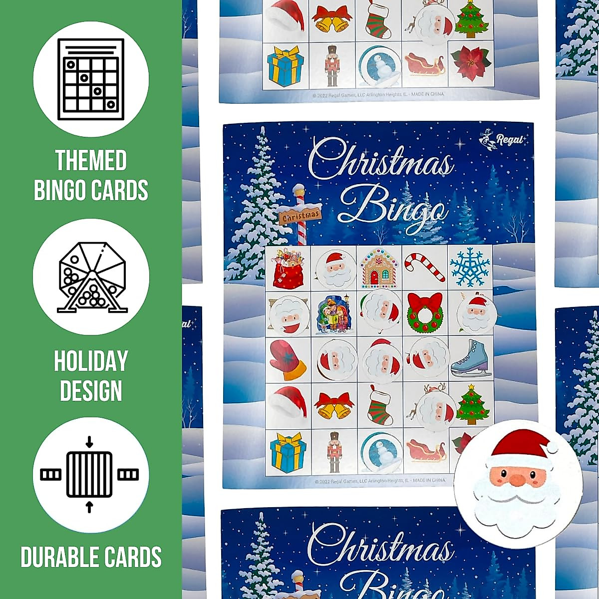 Regal Games - Holiday Bingo Set - Family Size Game Kit - Includes 10 Bingo Cards, 168 Bingo Marking Chips, 24 Calling Chips - 8” x 7” Cardstock