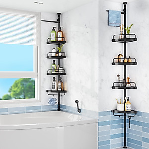 Roleader Corner Shower Tension Pole: Rust Proof 4Tier Shampoo Storage Organizer for Inside Shower-Telescoping Rod Rack Bathroom and Bathtub-Restroom Floor Standing Bath Holder Black