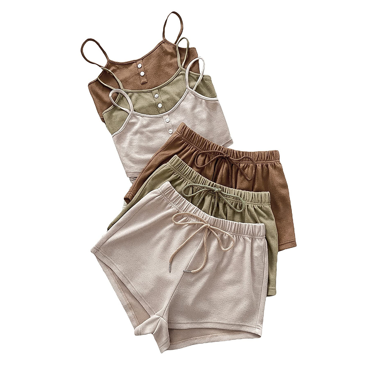 Verdusa Women's 6 Pieces Outfits Lounge Set Sleepwear Button Front Cami Top & Shorts Brown Green Apricot M