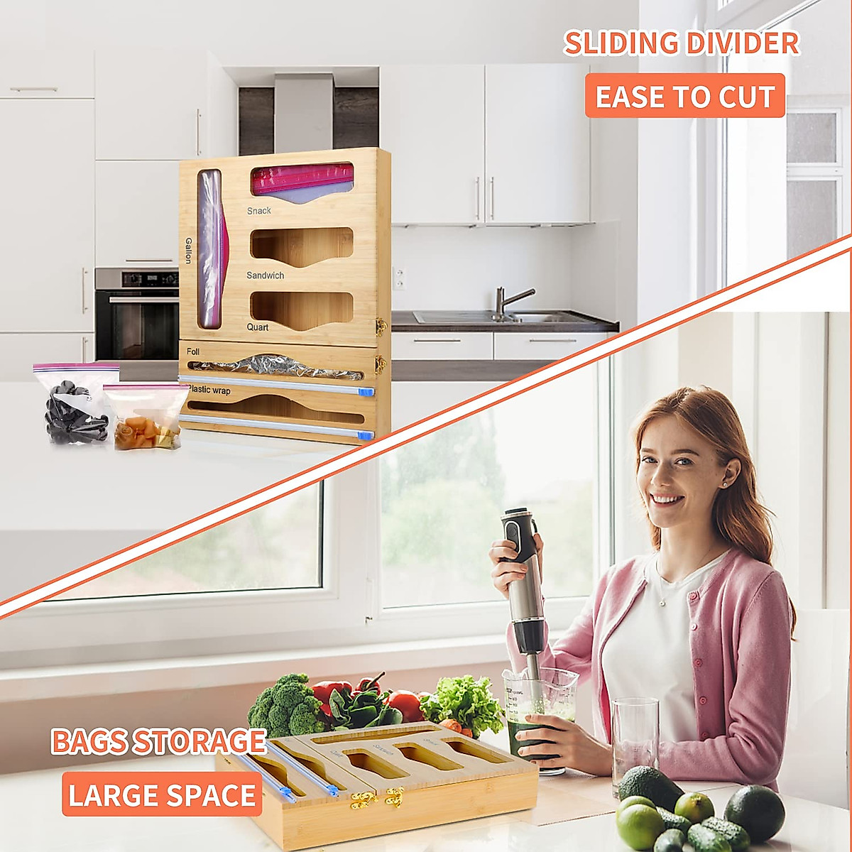 Foil and Plastic Wrap Organizer with Ziplock Bag Organizer - Evdekoru 6 in 1 Bamboo Aluminum Foil Dispenser with Cutter for Kitchen Drawer, Plastic Food Bag Organizer for Gallon,Quart,Sandwich