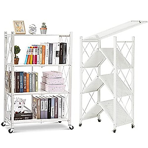 ShanSon Storage Shelves with Wheels 4 Tier Heavy Duty Foldable Metal Rack Storage Shelving Units for Garage Kitchen，White