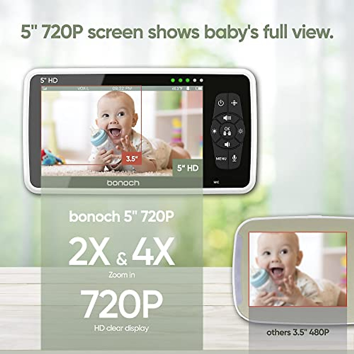 bonoch Baby Monitor with Camera and Audio, 5" 720P HD Video Baby Monitor No WiFi, Hack Proof, Remote Zoom/Pan/Tilt, 4000mAh Battery, VOX Mode, Auto Night Vision, 8 Lullabies