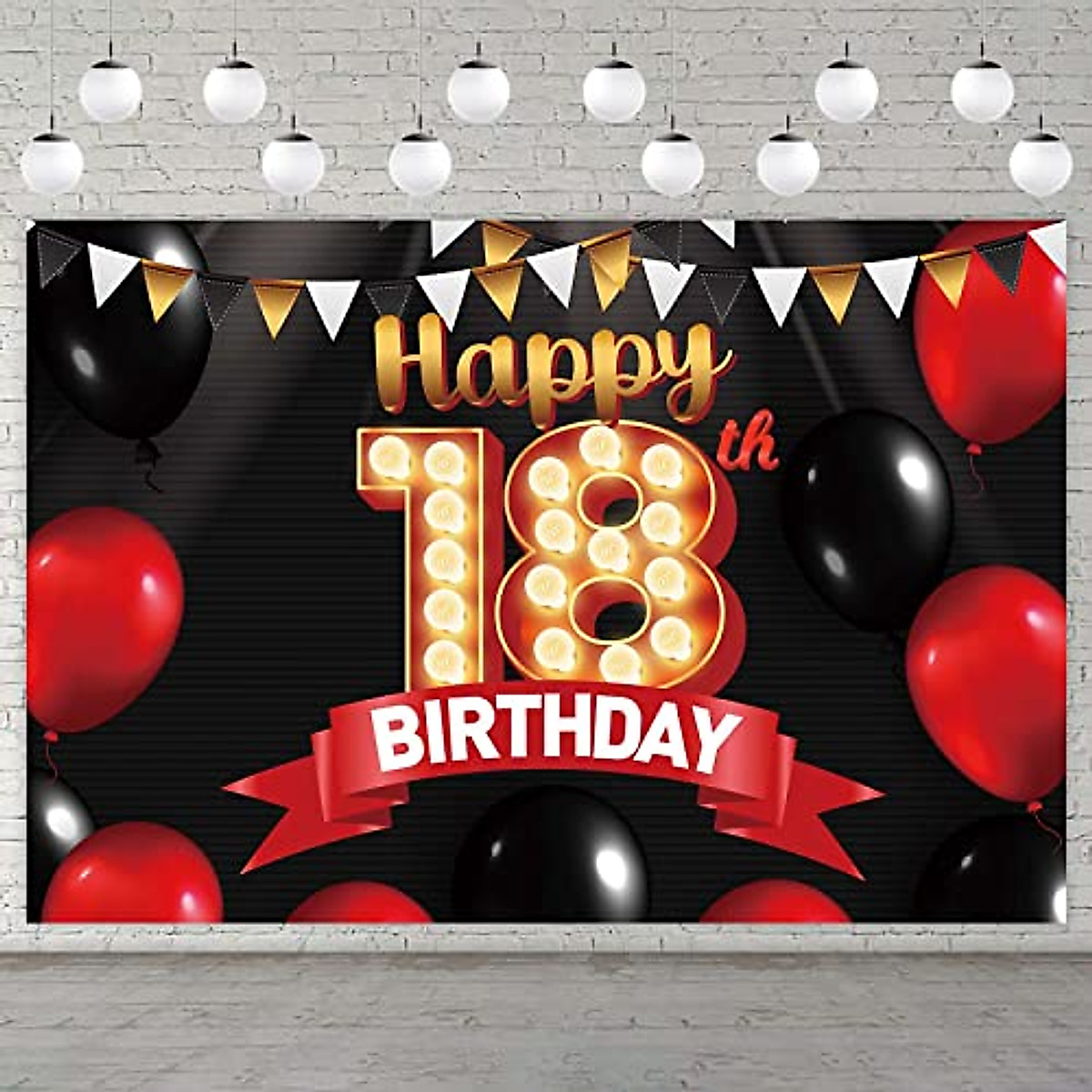 Happy 18th Birthday Black Banner Decorations Gold Backdrop Red and Black Balloons Theme Decor for Girls Women Princess 18 Years Old Birthday Party Supplies Photo Booth Props Background Favors Glitter