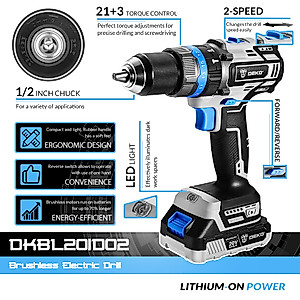 DEKOPRO Hammer Drill 20V Brushless Power Drill Set with Impact Drill,Cordless Drill with Battery and Charger,550 In-lbs,21+3 Torque Setting,1/2'' Keyless Chuck,2-Variable Speed,16pcs Bits Accessories