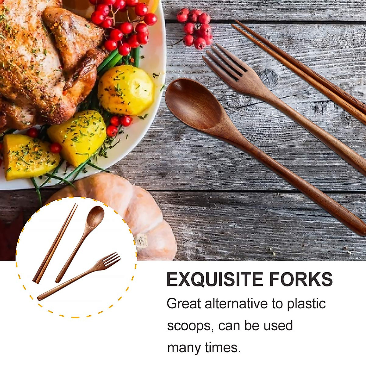 Hemoton 6 Pcs Wooden Flatware Tableware Cutlery Set Travel Utensils Wooden Fork Spoon Chopsticks Reusable Flatware Utensils for Kitchen Dinning Table