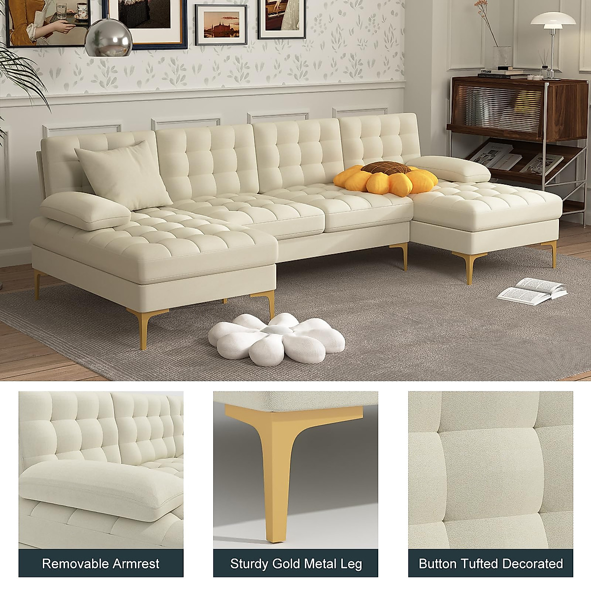 VERYKE U Shape Sectional Sofa Couch,Modern 110'' Linen Button Tufted Sectional Couch Sofa, Upholstered Sofa Bed with Metal Legs for Living Room