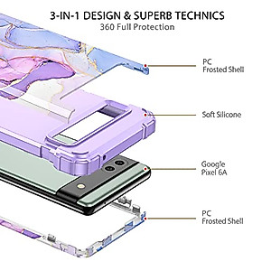Hekodonk for Google Pixel 6A Case (2022), Heavy Duty Shockproof Protection Hard Plastic+Silicone Rubber Hybrid 3 in 1 Drop Protective Case for Google Pixel 6A Purple Marble