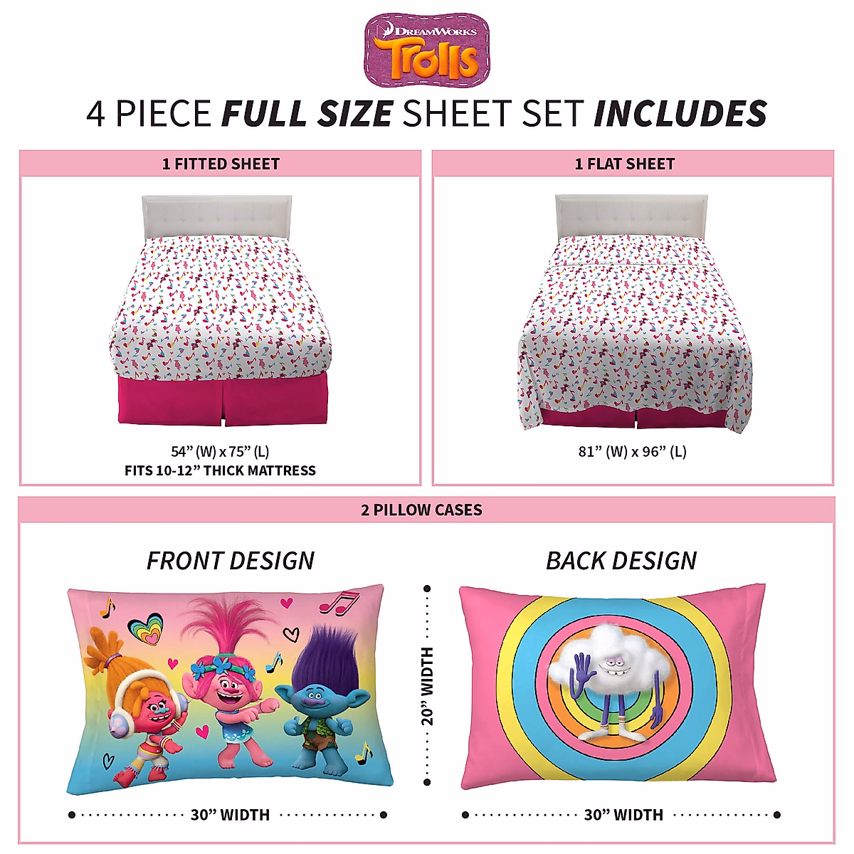 Franco Kids Bedding Super Soft Sheet Set, 4 Piece Full Size, Trolls(Print May Vary)