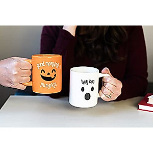Pearhead Halloween Mug Set, Good Morning Pumpkin and Hey Boo Coffee Mugs, Novelty Fall Holiday Cups, Set of 2, 13 oz