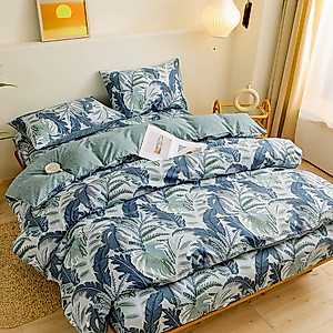 Koudi Tropical Duvet Cover Set Queen Blue Green Palm Leaves Monstera Plant Bedding Set Rainforest Botanical Microfiber Comforter Cover with Zipper Ties