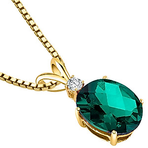PEORA Created Emerald with Genuine Diamond Pendant for Women 14K Yellow Gold, 2.35 Carats total, Oval Shape, 10x8mm