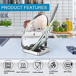 SOLEADER Vertical Spoon Rest and Lid Stand for Stove Top kitchen Utensils Pot Lid Holder and Organizer for Kitchen Counter Foodgrade Stainless Steel with Drip Tray and Handle