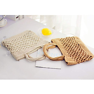 Straw Shoulder Beach Bag Cotton Thread Hand-crocheted Bag Handmade Shoulder Bag Large Capacity Messenger Bag for Women (Brown)