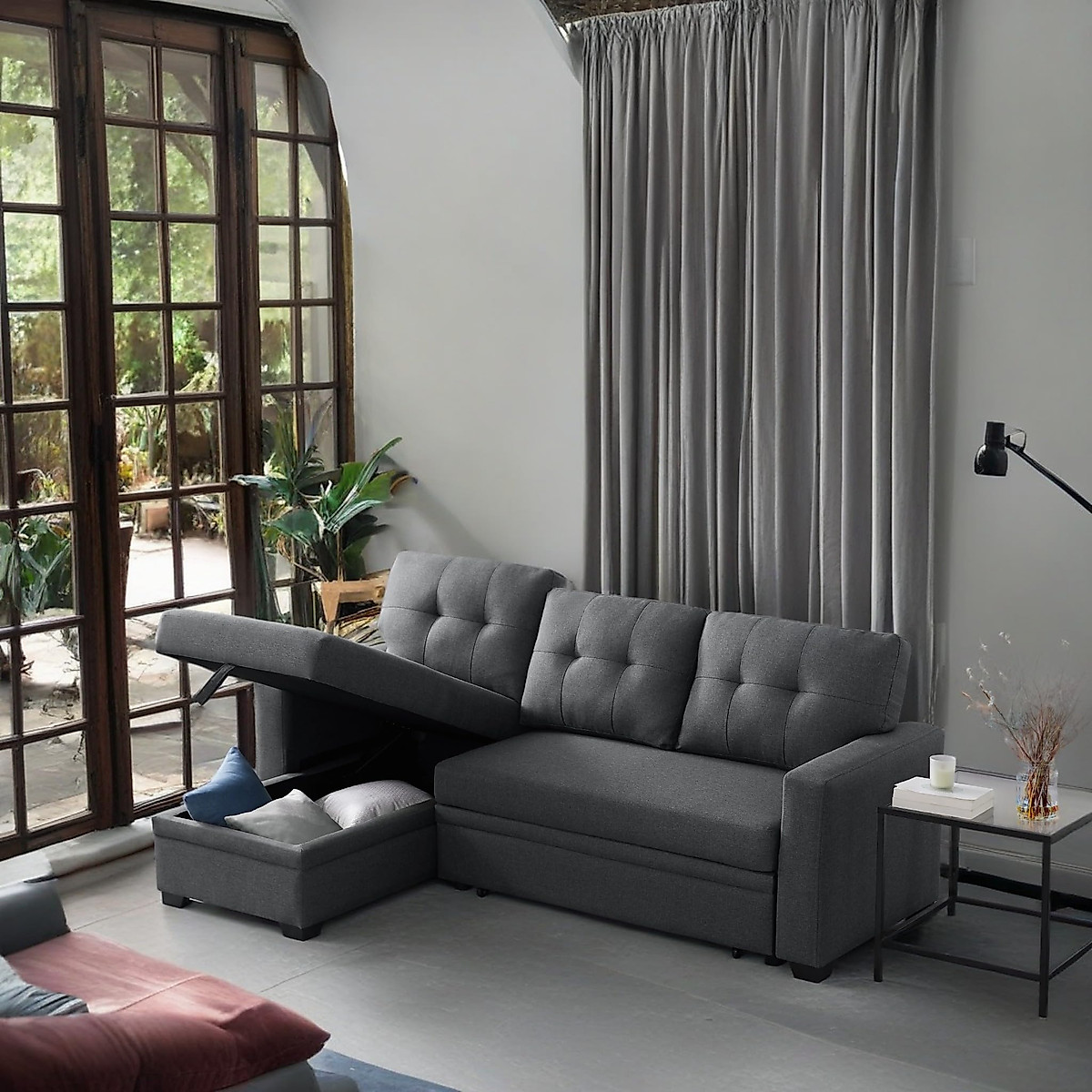 MACHOME 82 inch L-Shape Sofa Sectional Convertible Sleeper with Storage Chaise Corner Couch Pull Out Sleeperbed with Arms for Apartment, Dorm, Living Room, Dark Gray