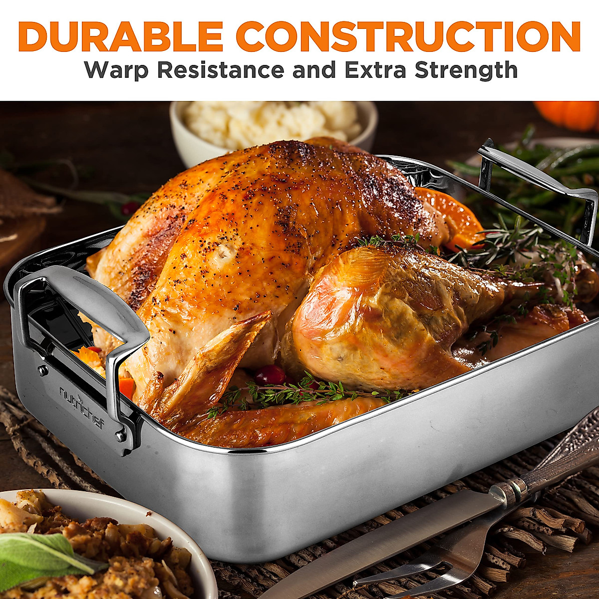 NutriChef 14-Inch Stainless Steel Kitchen Roasting Pan with Polished Wire Rack - Versatile Baking Set for Turkey, Chicken, Meats, & More - Premium & Heavy Duty Roaster for Oven w/ Built-In Handles