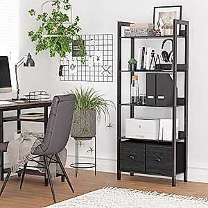 Furologee 5-Tier Bookshelf, Tall Bookcase with 2 Storage Drawers, Industrial Display Standing Shelf Units, Wood and Metal Storage Shelf for Living Room, Bedroom, Home Office, Black Oak