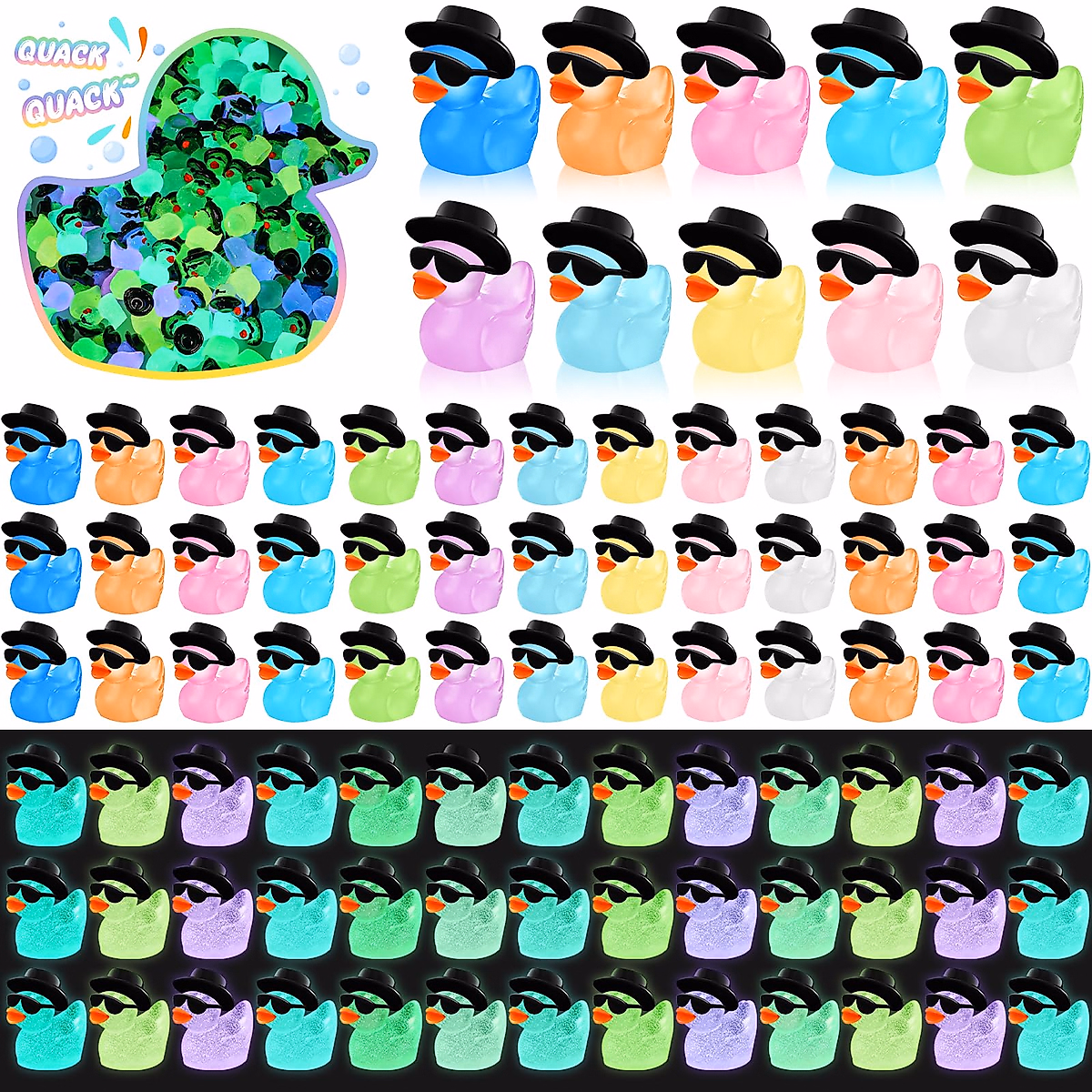 Barydat 150 Pcs Luminous Mini Resin Ducks with Sunglasses Bulk Glow in The Dark Colorful Tiny Cowboy Duck to Hide for DIY Landscape Pot Aquarium Dollhouse Baby Shower Party Favor
