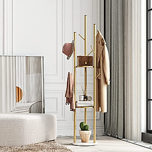 DOORXIFO Metal Gold Coat Racks Freestanding, Coat Hanger Stand, Hall Tree Coat Rack for Hanging Hats, Scarves, Bags, Modern Coat Rack with Double Shelves, Corner Coat Rack, 9 Hooks, Gold