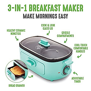 GreenLife 3-in-1 Breakfast Maker Station, Healthy Ceramic Nonstick Dual Griddles for Eggs Meat and Pancakes, 2 Slice Toast Drawer, Easy-to-use Timer, Turquoise