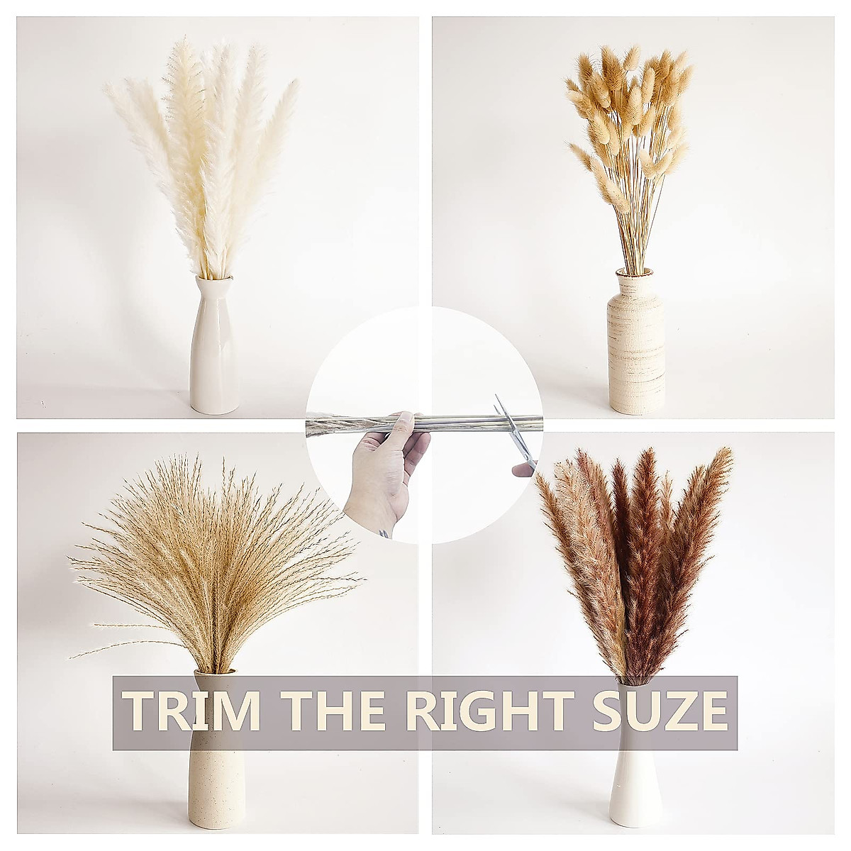 100 PCS Small Boho Pampas Grass, 17" Naturally Dried Pompas, Pampas Grass Decor for Wedding , Boho Party Decorations, Table Decor（Brown and White）