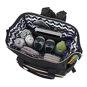 Quilted Backpack Diaper Bag Tote with Changing Pad, Stroller Straps, Insulated Bottle Compartment (Midnight Black)