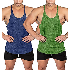 Aitrepeo Stringer Bodybuilding Tank Tops Low Cut Off Gym Workout Training Stretch Polyester Quick Dry T Shirts/Green/Blue/S