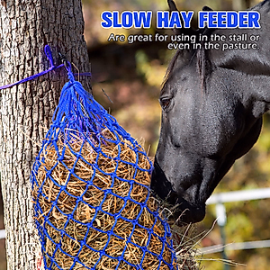Nuenen 4 Pcs Slow Feed Hay Bag 40 Inch Hay Nets for Horses Hanging Hay Feeder for Goats 2 x 2 Inch Mesh Holes Horse Hay Bag Horse Feeding Supplies for Trailer and Stall, Simulates Grazing (Blue)