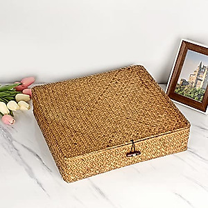 Hipiwe Flat Woven Wicker Basket Bins with Lid X-Large Natural Seagrass Storage Basket Box Multipurpose Household Basket Bins Boxes for Shelf Wardrobe Organizer, Caramel
