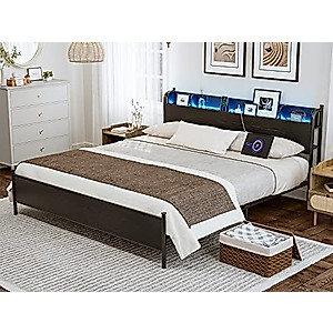 IKIFLY California King Bed Frame with Storage Shelf Headboard & Charging Station - Industrial Metal and Wood Cal King Platform Bed with LED Lights, No Noise, No Box Spring Needed - Black