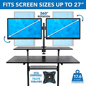 Mount-It! Mobile Computer Cart, Portable Desk on Wheels - 40" Wide Tabletop, Height Adjustable Workstation up to 64" Tall with Dual Monitor Mounts up to 72", Rolling Computer Desk, Screens 27", Black
