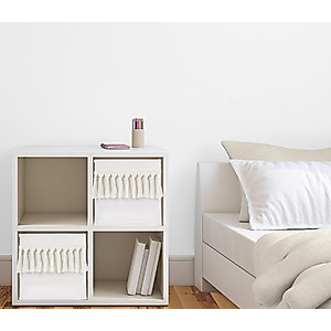 Sweet Jojo Designs Ivory Boho Bohemian Foldable Fabric Storage Cube Bins Boxes Organizer Toys Kid Baby Children - Set of 2 - Gender Neutral Solid Beige Cream Off White Farmhouse Chic Minimalist Tassel