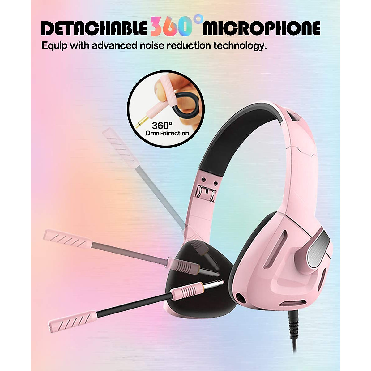 Pink Gaming Headset for Girl, Women, Kids, Teens,Stereo Headphones for PC, PS4, New Xbox One, Smartphones 3.5mm Jack wired kid headset with Detachable Mic,Adjustable Headband, Foldable. (Pink)