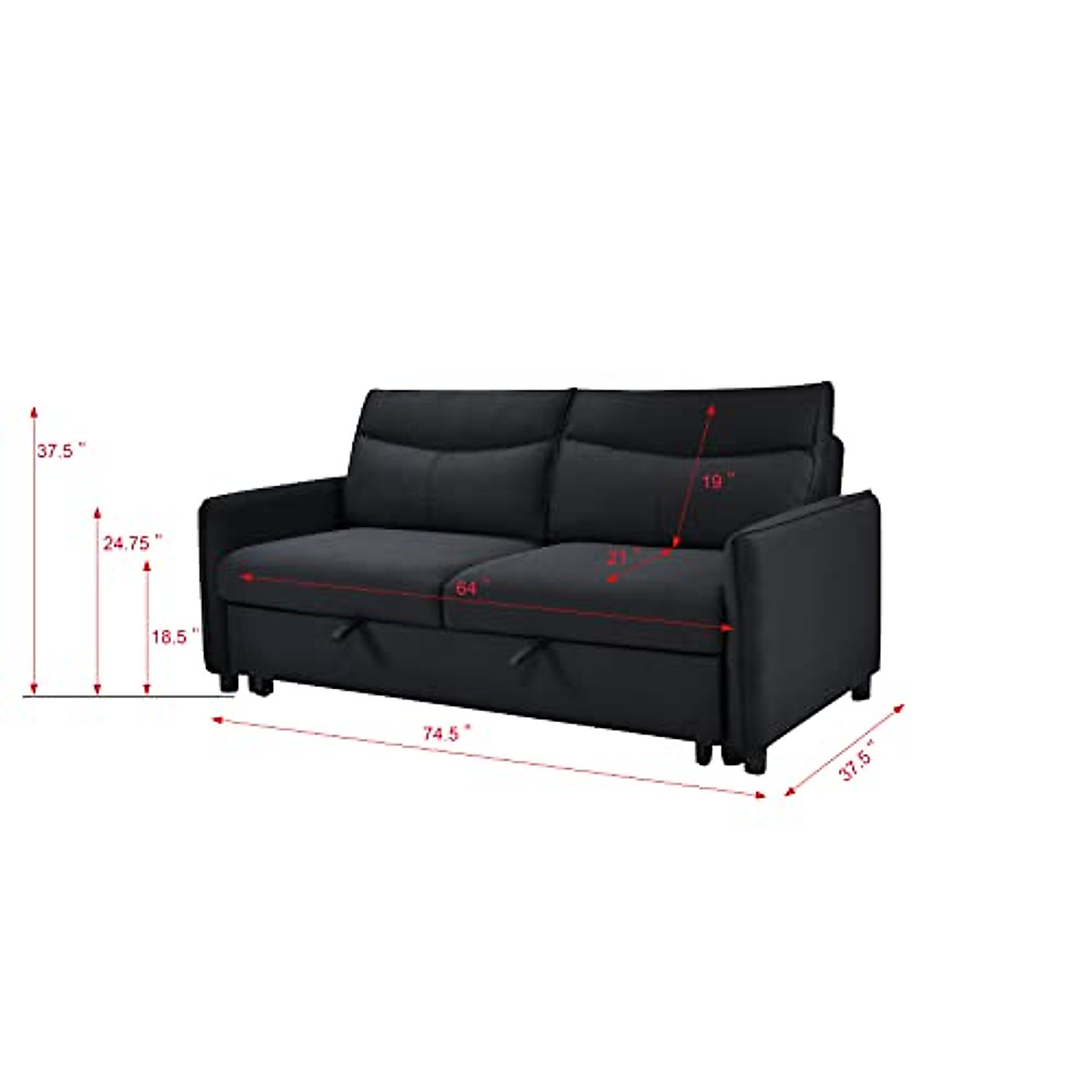 ERYE 3-in-1 Tufted Futon Loveseat Convertible Sleeper Bed W/Pull Out Sleep Daybed, Functional Reclining Backrest Love Seat Sofa & Couch for Living Room Sofabed, Queen, Black W/ 2 Pillows