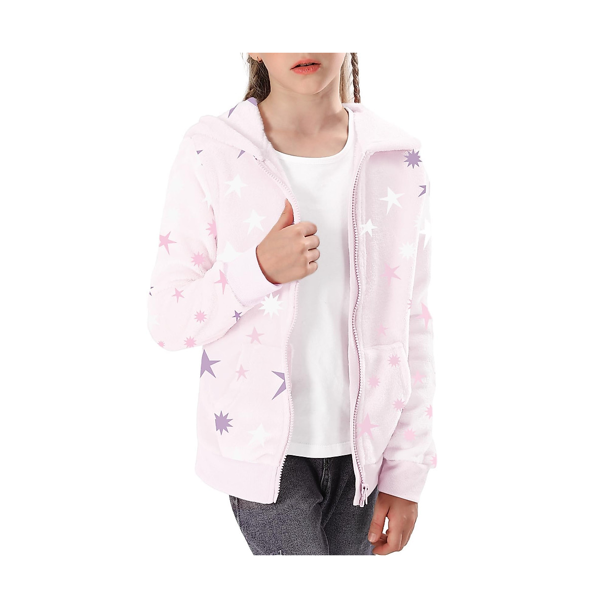 V.&GRIN Girl Zip up Hoodie Sweatshirt Soft Fuzzy Fleece Jacket with Pocket for Girls 5-16 Years(Pink Stars 7-8