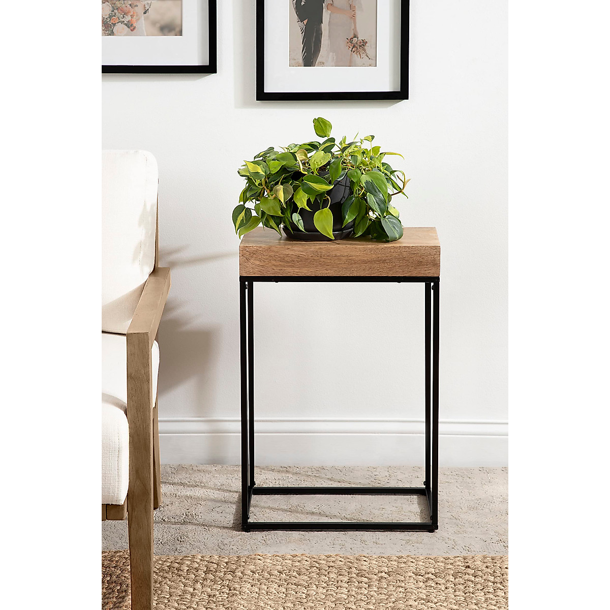 Kate and Laurel Karlsen Wood and Metal Narrow Side Table, 16 x 24 x 8, Natural Brown and Black, Modern Transitional Slim Nightstand with Mixed Materials Design