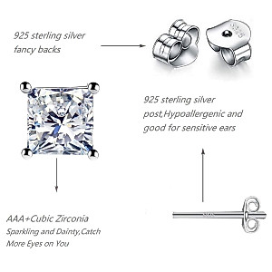 925 Sterling Silver Stud Earrings, 4 Pair Square Cubic Zirconia Stud Earring for Women Men 3 4 5 6mm