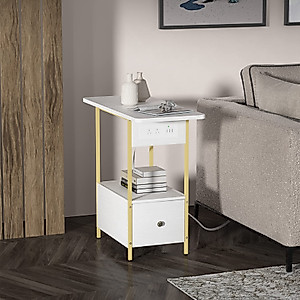 Yenlure Side Table Night Stands End Table with Charging Station Drawers Small Nightstand Bedroom Narrow Nightstand for Small Spaces Nightstand White