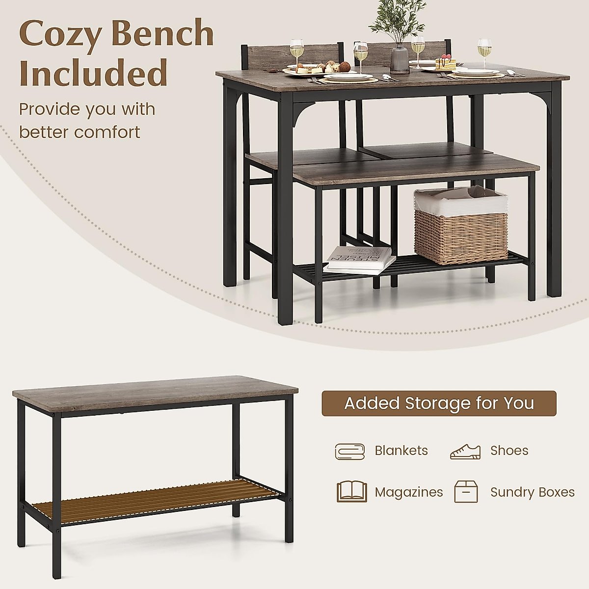 Tangkula Dining Table Set for 4, Kitchen Table and 2 Chairs for 4 with Bench, 4 Piece Dining Table Set for Small Space, Apartment