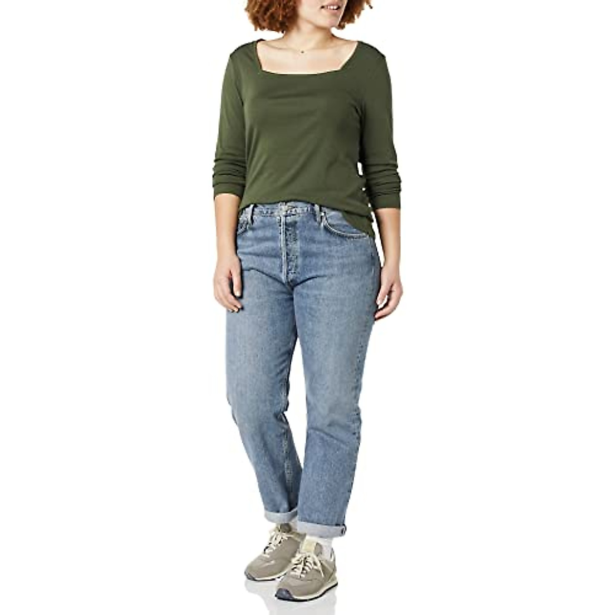 Amazon Essentials Women's Slim-Fit Long Sleeve Square Neck T-Shirt, Olive, Medium