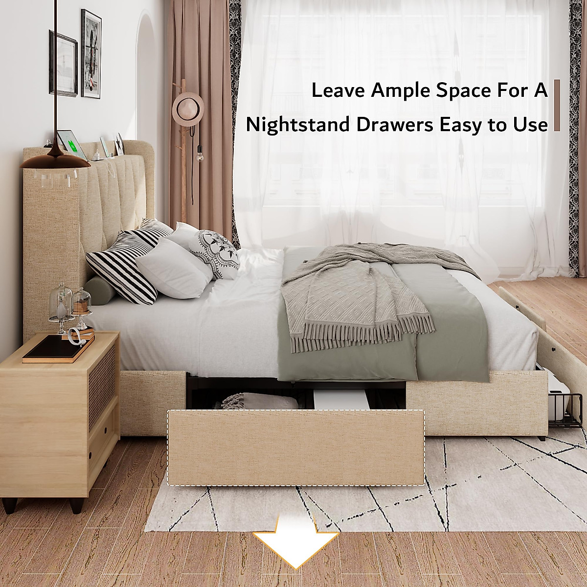 iPormis Queen Bed Frame with 4 Storage Drawers, Upholstered Platform Bed Frame with Charging Station, Modern Wingback Storage Headboard, Easy Assembly, Beige