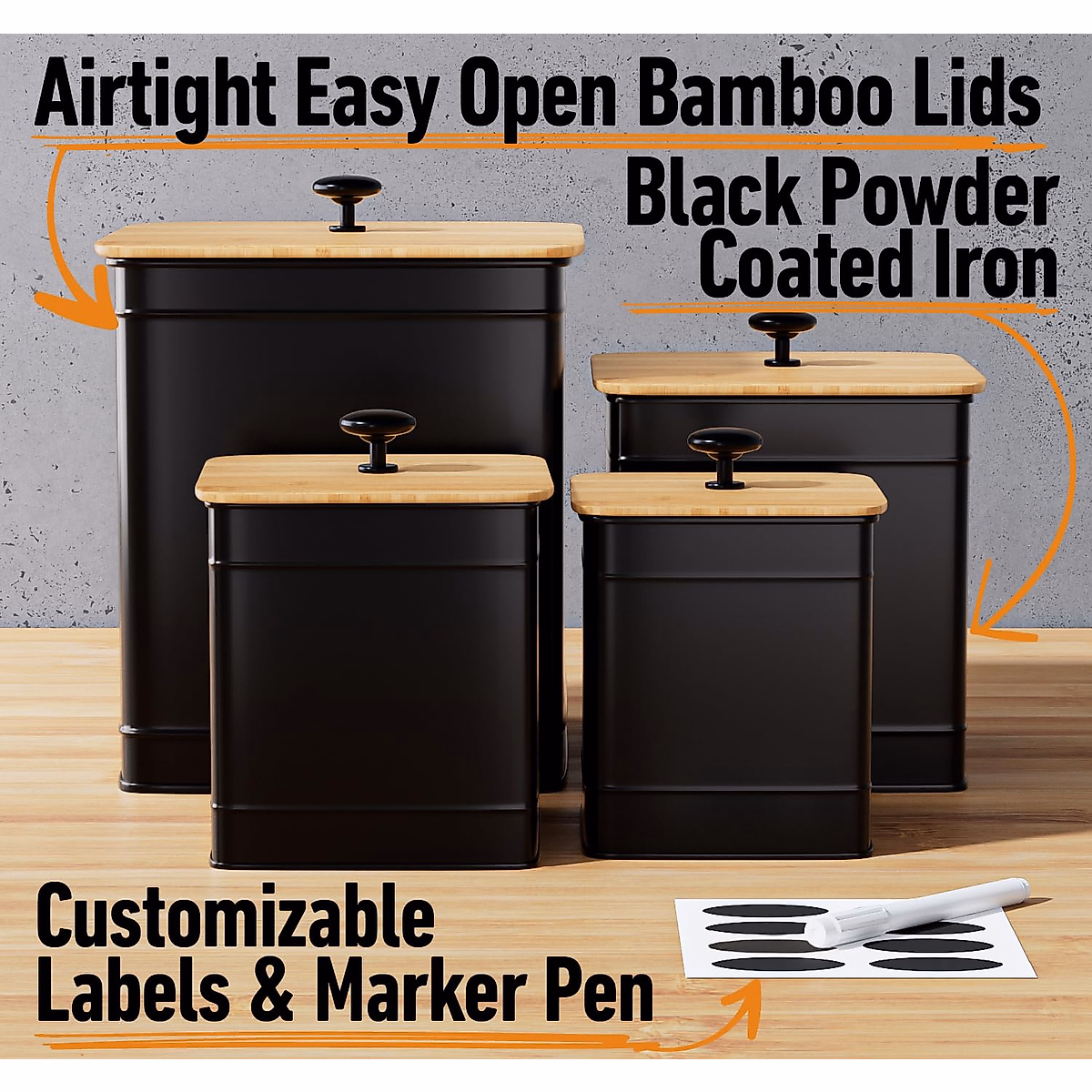Kitchen Canisters for Countertop Set of 4 with Customizable Chalkboard Labels & Marker Pen - Big Iron Kitchen Canisters with Airtight Lids - Canisters Sets for the Kitchen - Black Kitchen Canister Set